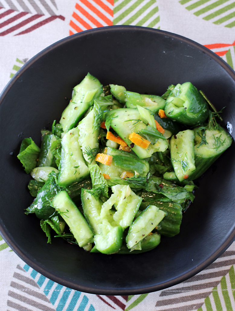 Smashed Cucumbers with Sizzled Turmeric and Garlic | Food Gal